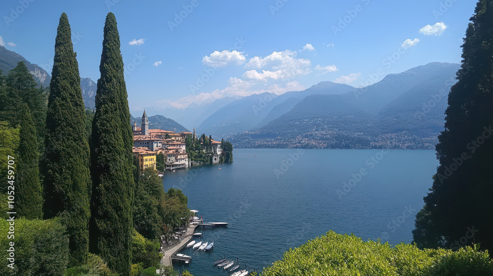 Peaceful Lake Como View with Cypress Trees and Distant Village in ...
