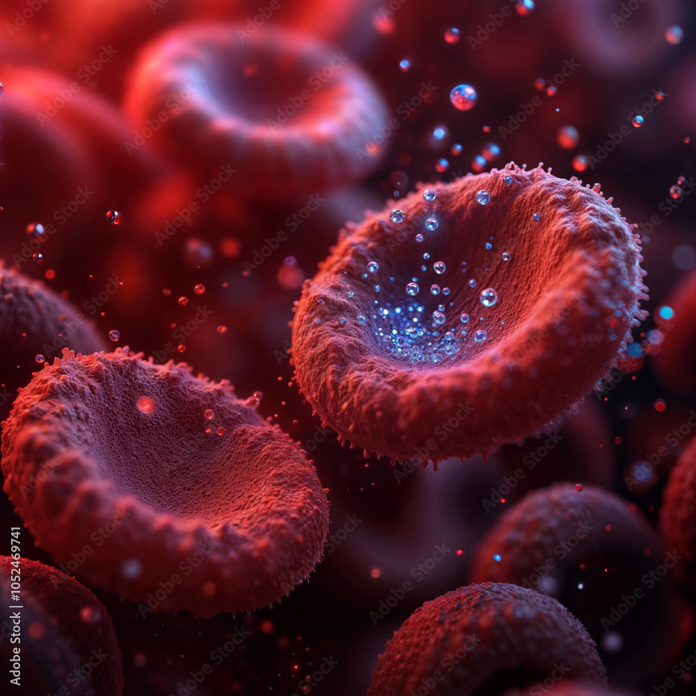 Microscopic view of red blood cells in circulation. Erythrocytes shown ...