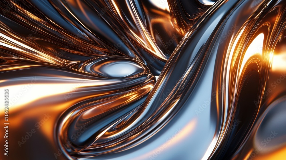 Fluid metallic shapes twisting and turning in a 3D space, with ...