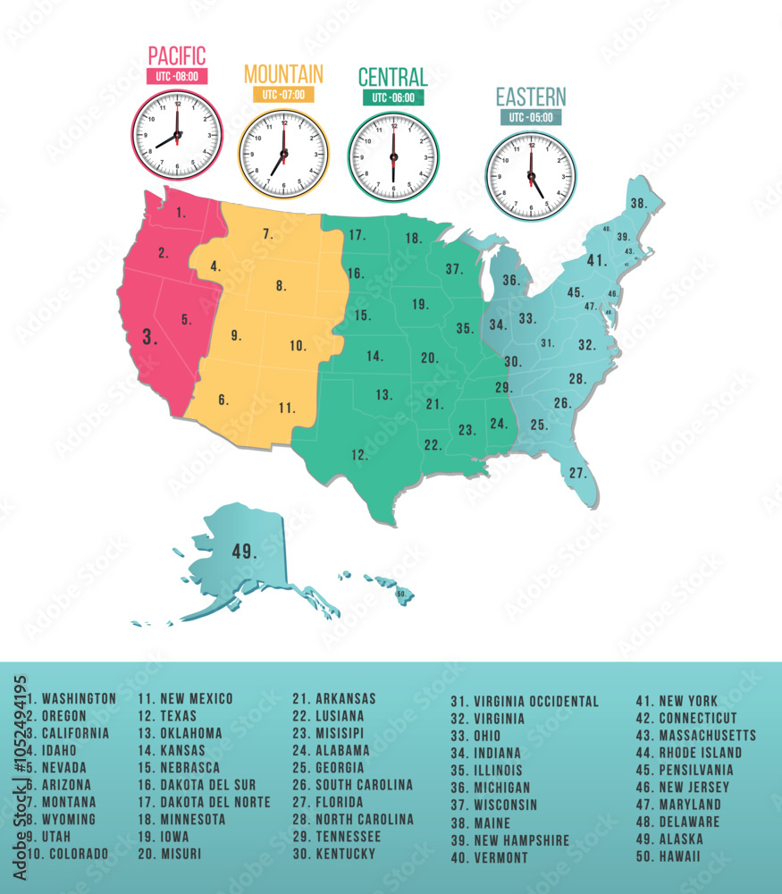 United States Time Zones Infographic Map Stock Illustration Colorful United States Time Zones Infographic Map Stock Illustration Colorful