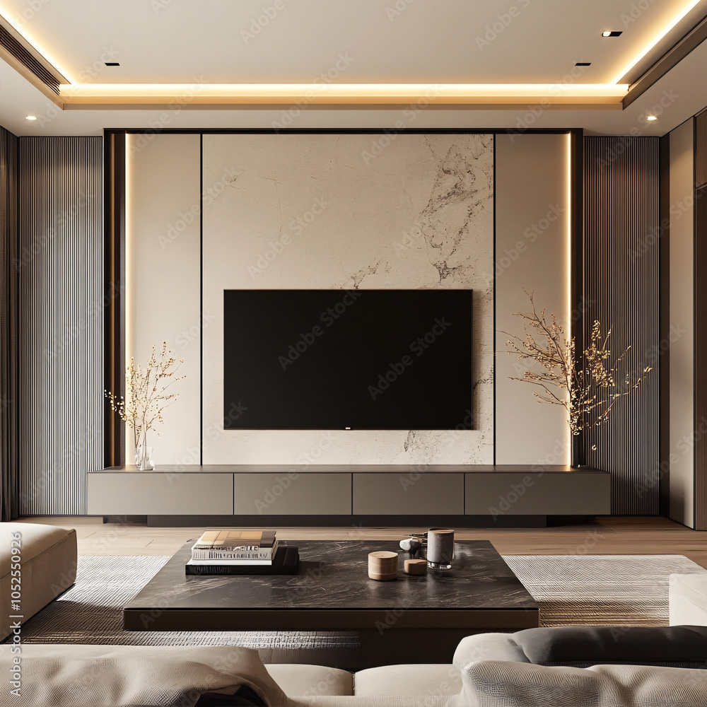 Minimalist wall with TV in the living room, TV wall design. Stock Photo ...