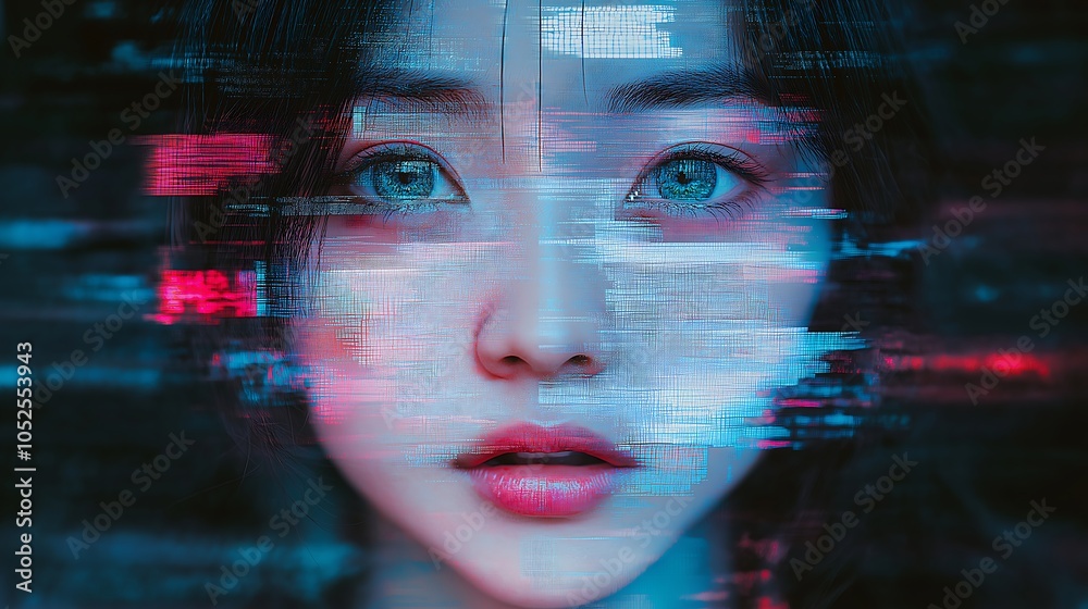Glitched and distorted images featuring the face of an Asian woman ...