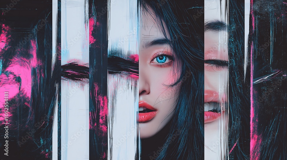Glitched and distorted images featuring the face of an Asian woman ...