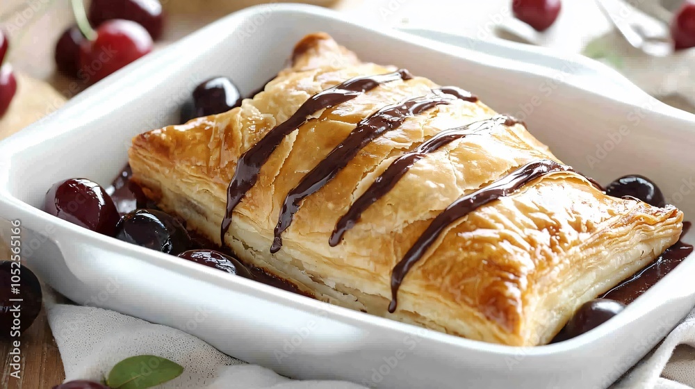 Cherry and chocolate turnover with flaky layers, placed on a white ...