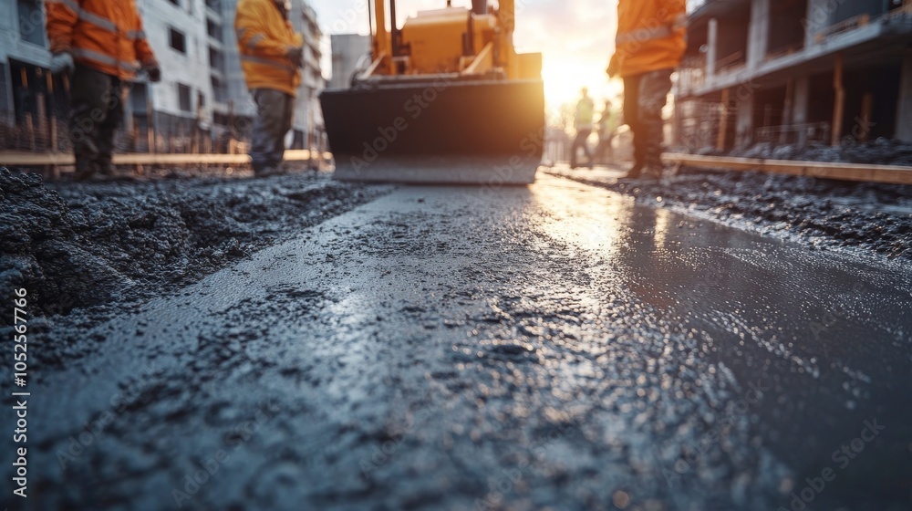 Concrete floor leveling with vibrating machine, team workers ensuring ...
