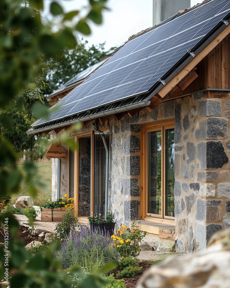 Eco-Friendly Stone House with Solar Panels and Lush Garden, Sustainable ...
