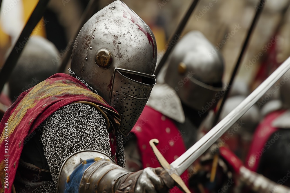 Knights wield swords, clad in gleaming armor and chainmail, ready for ...