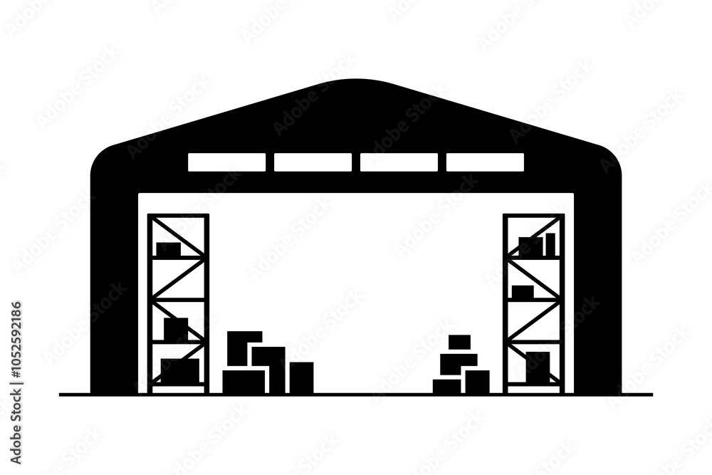 Warehouse icon. Building, structure. Black silhouette. Front side view ...