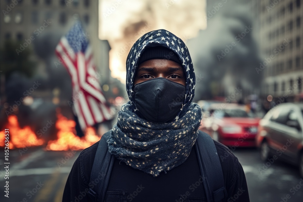 USA riots after the 2024 election outcome. Close up portrait young ...