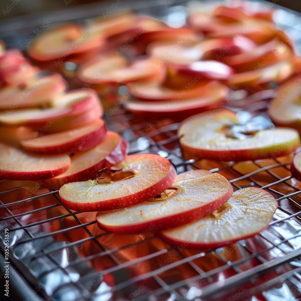 Drying apples, drying fruits, apple chips production. Sliced apples in ...
