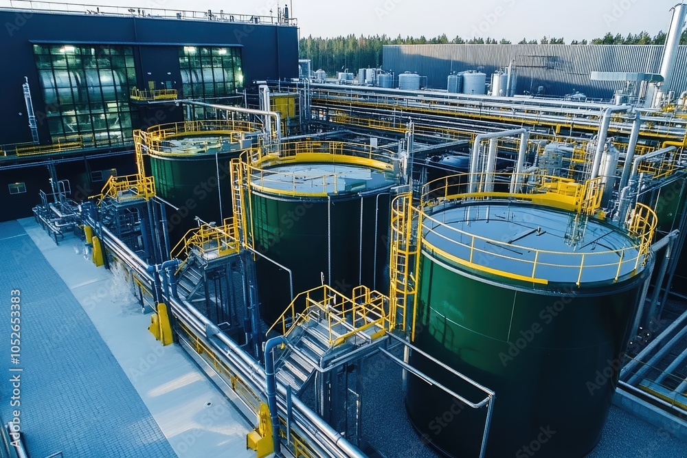 Water treatment plant showing large green tanks and complex piping ...