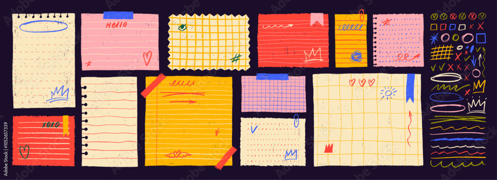 Vetor Torn notebook papers with crayon drawn doodles collection. Hand ...