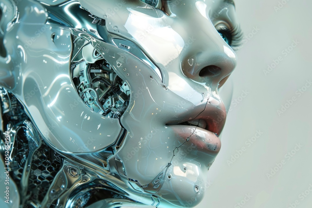 Android with liquid and chrome skin, with feminine features, one cheek ...