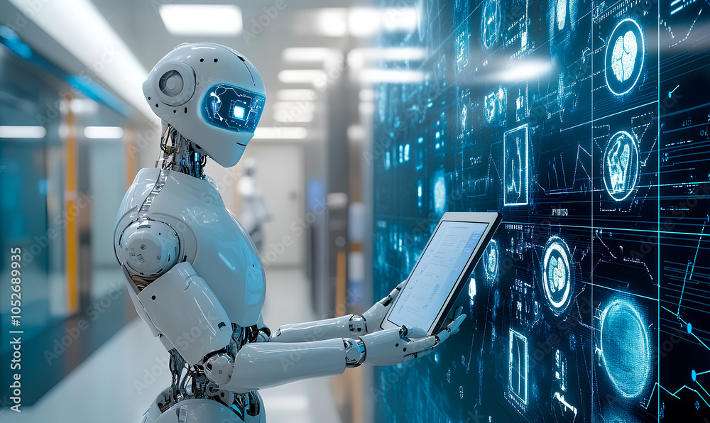 A humanoid robot interacts with a wall of digital data in a futuristic ...