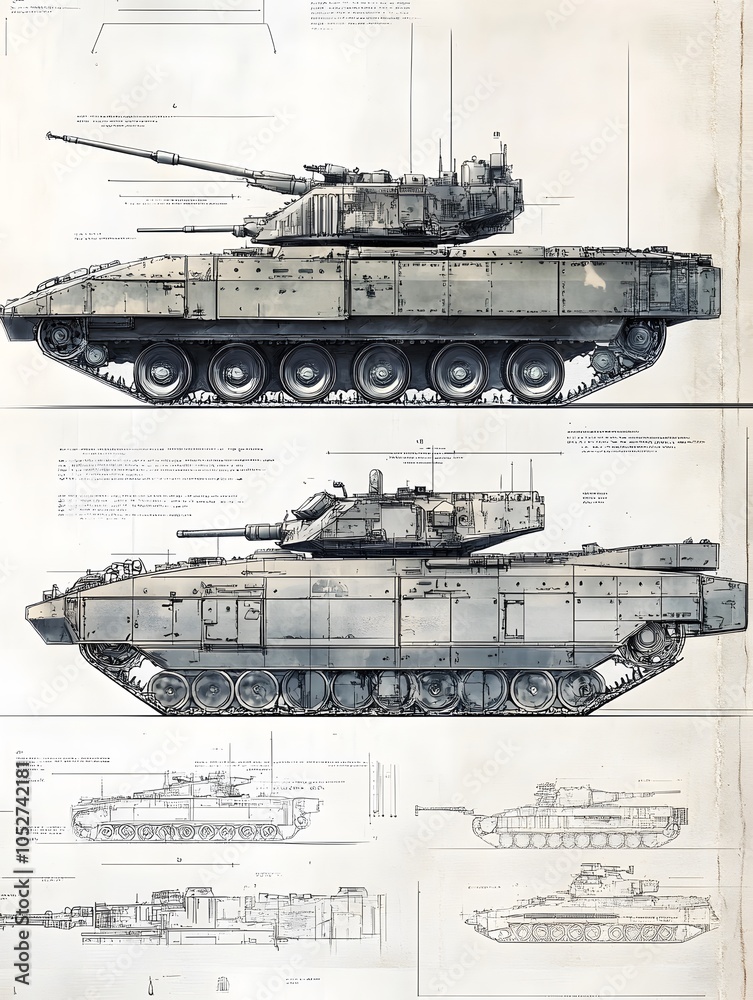 Foto de Stock The design blueprint of the tank shows its complex ...