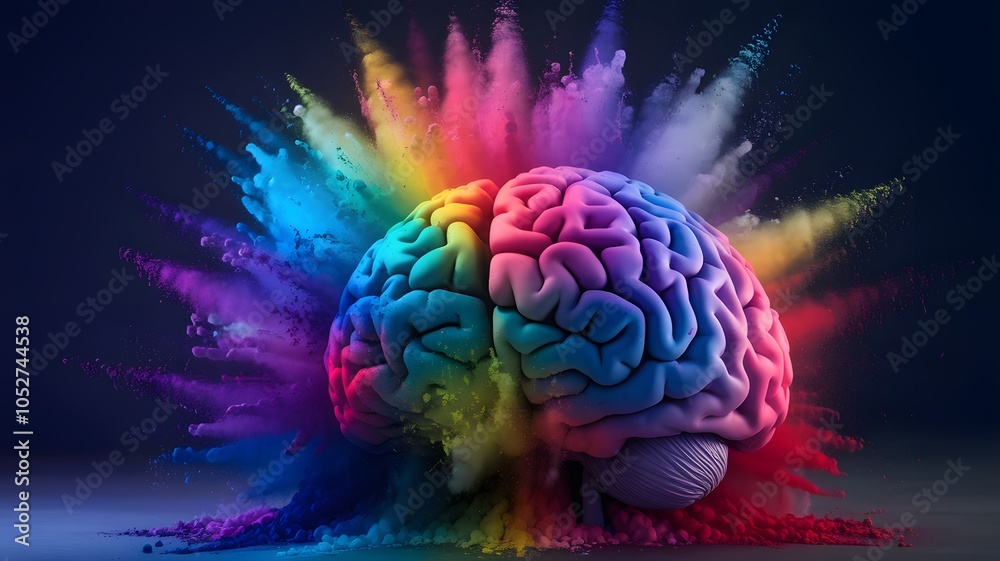 A vibrant and colorful representation of a human brain. The brain ...