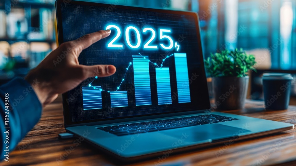 Business Plan 2025 Strategy A hand gesturing towards a glowing ...