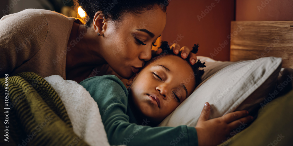 Bedtime Kisses: Mother Putting Child to Sleep. A close-up captures an ...
