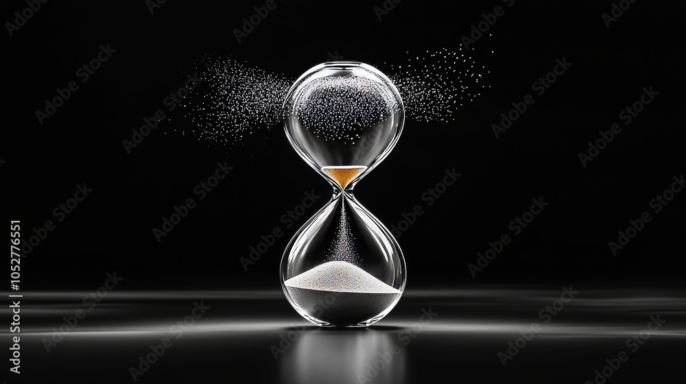 Disappearing hourglass mid-evaporation, placed on a grey table, with ...