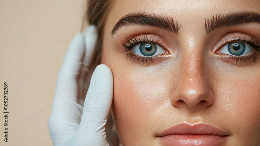 Detailed close-up of a woman’s face with clear blue eyes, radiant skin ...