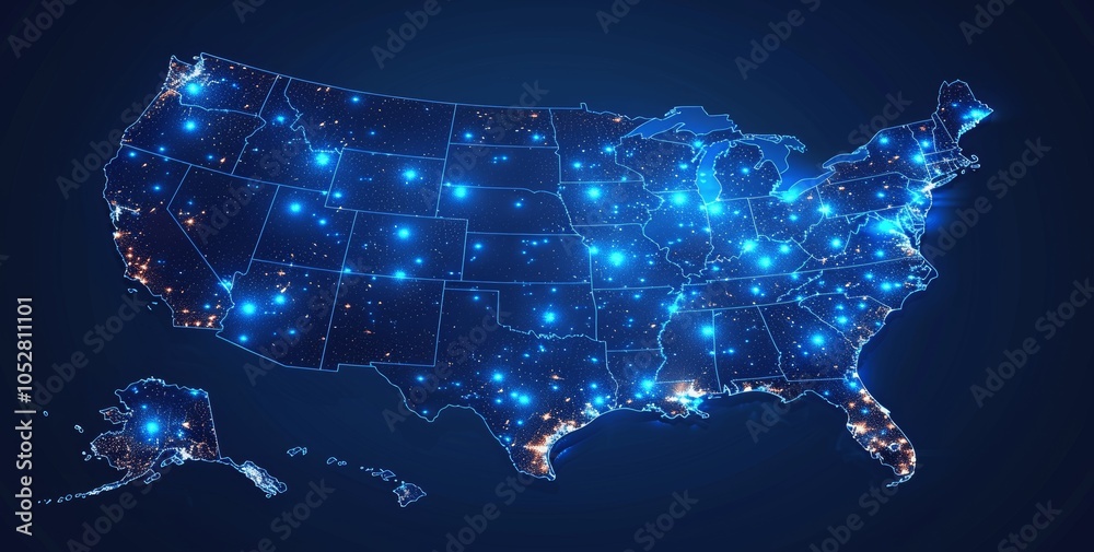 USA glowing map with connecting lines, demographic and geographic data ...