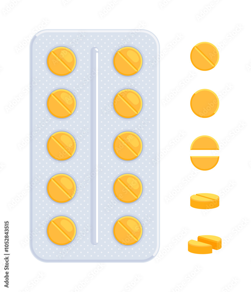 Set of blister pack with whole and half yellow pills in front, side ...