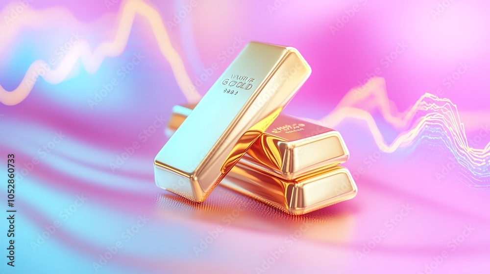 Stacked gold bars surrounded by inflation gradients and economic graphs ...