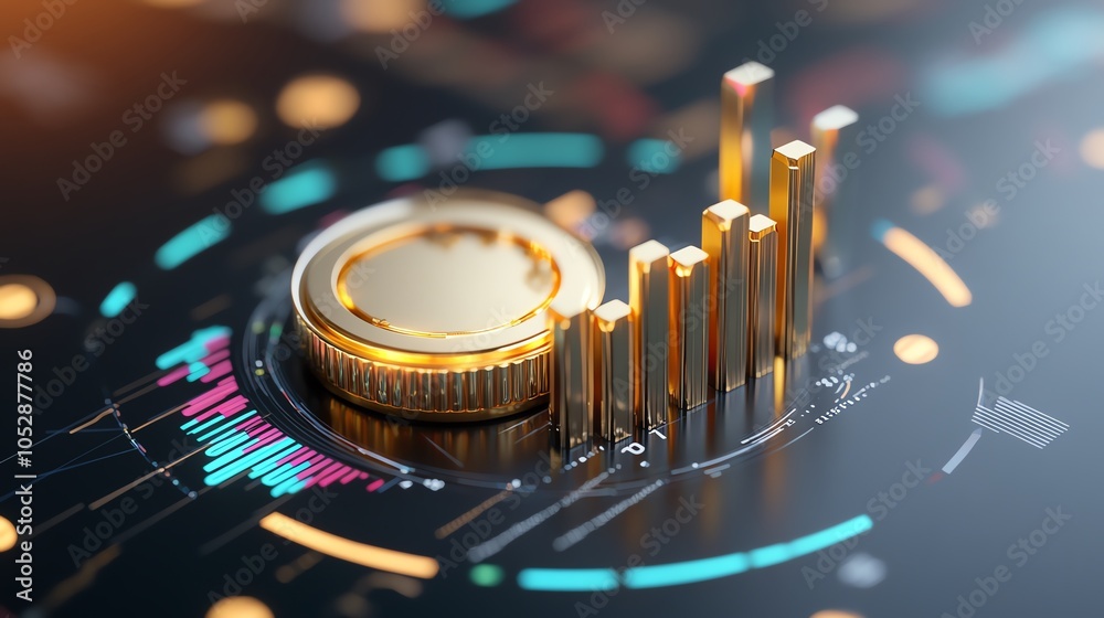 Ilustrace Gold bullion in a circle of bar charts, graphs, and stock ...