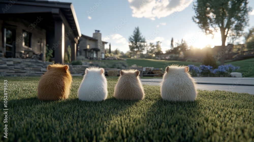 Four mice, sitting side by side: Sitting looking at a big beautiful ...