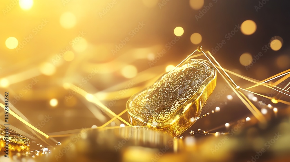 Highdefinition closeup of gold bullion with surrounding trend lines ...