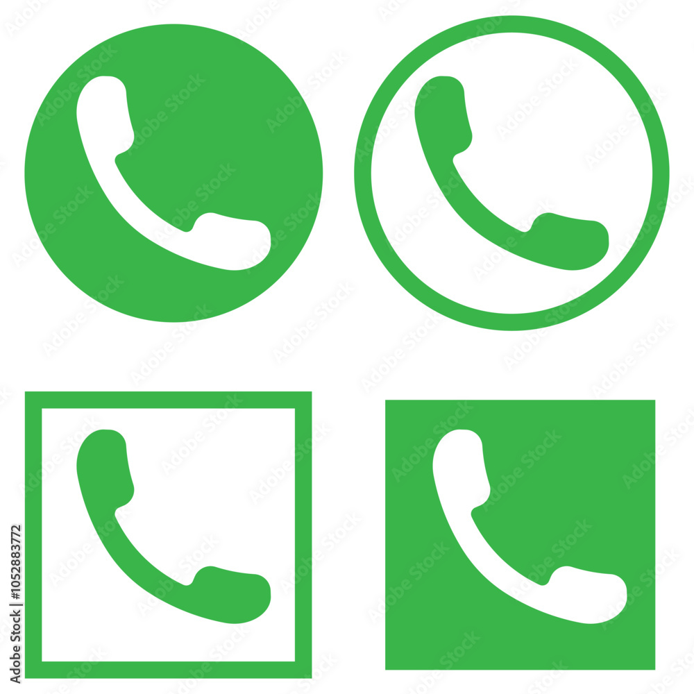 Phone icon set. Green call symbol. Vector communication shapes. Four ...