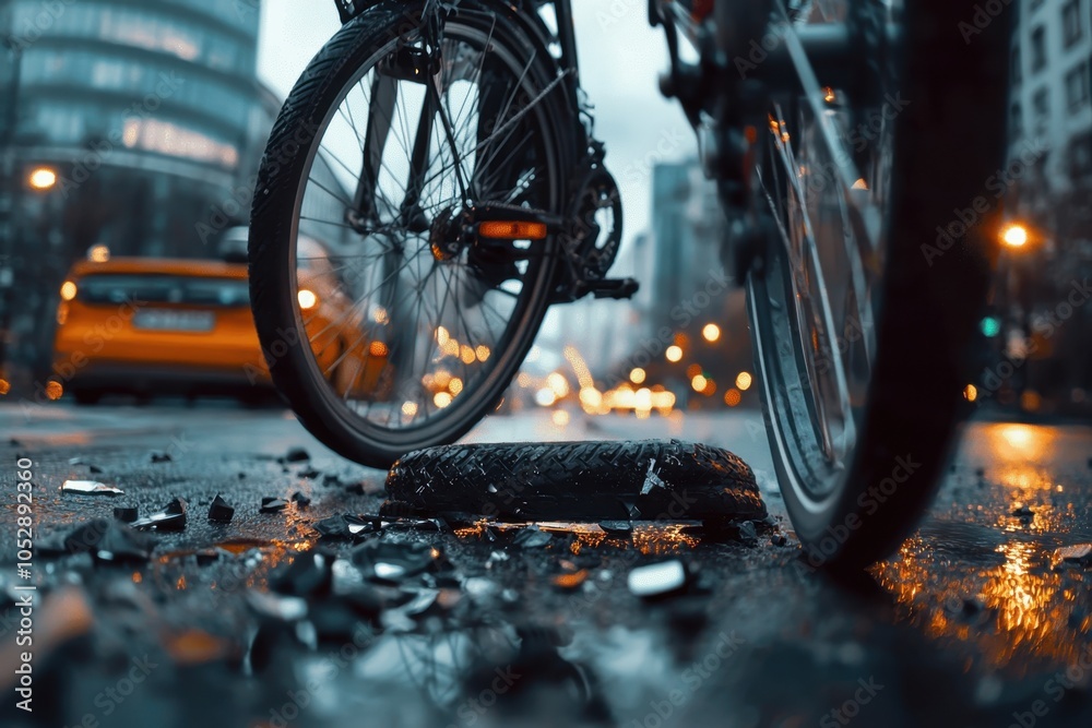 Bicycle accident on a city street, with a rider falling off the bike ...