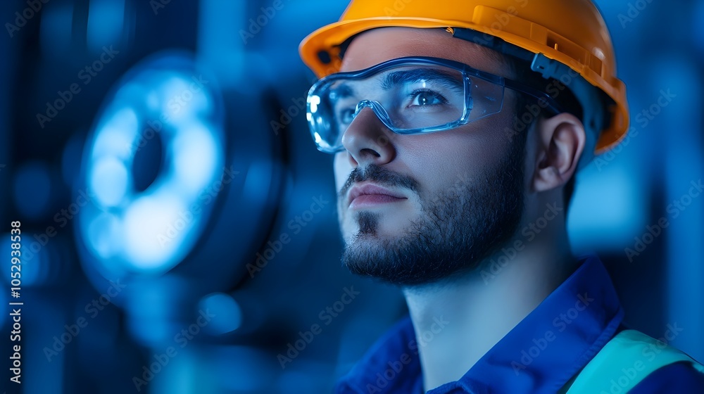 Side profile view of an engineer closely examining a propeller blade ...
