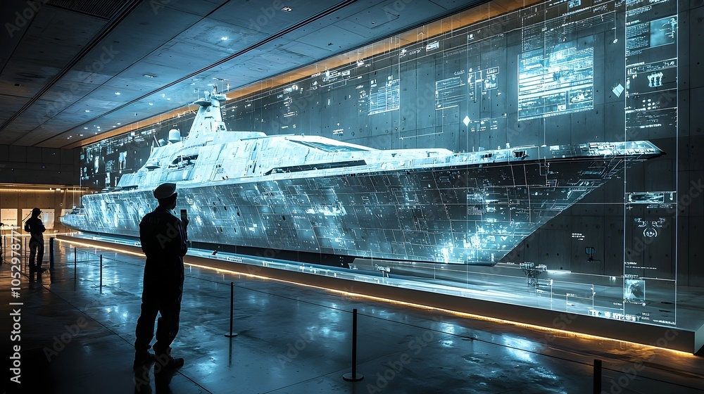 A team of naval engineers closely inspecting a nearly completed warship ...