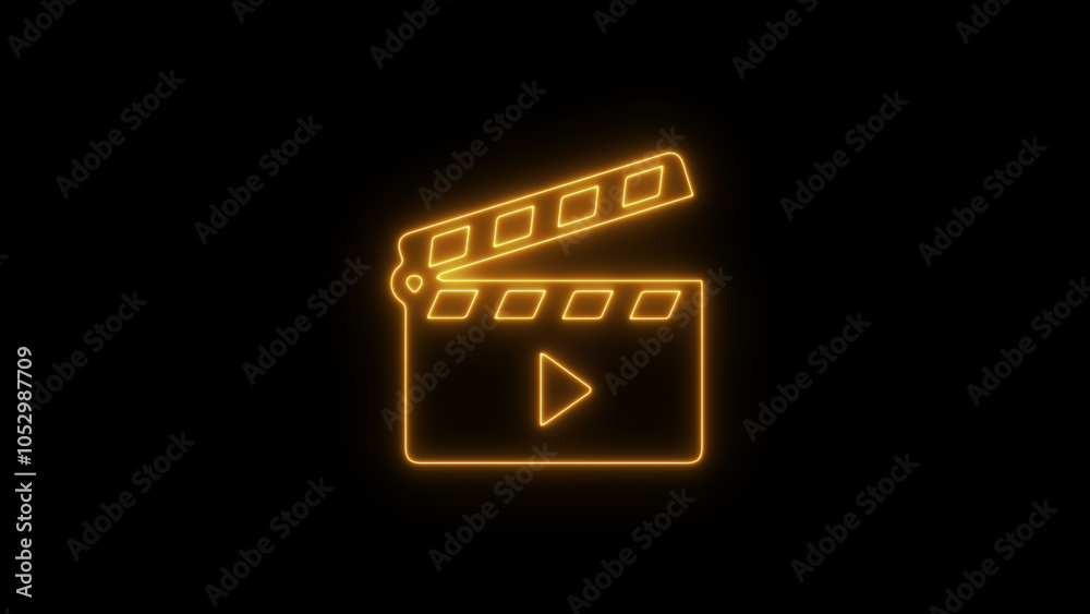 Neon, Glowing, Colorful clapperboard icon on black background. Open and ...