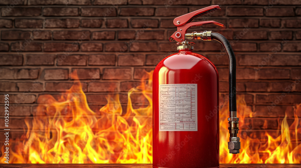 red fire extinguisher stands prominently against brick wall, surrounded ...
