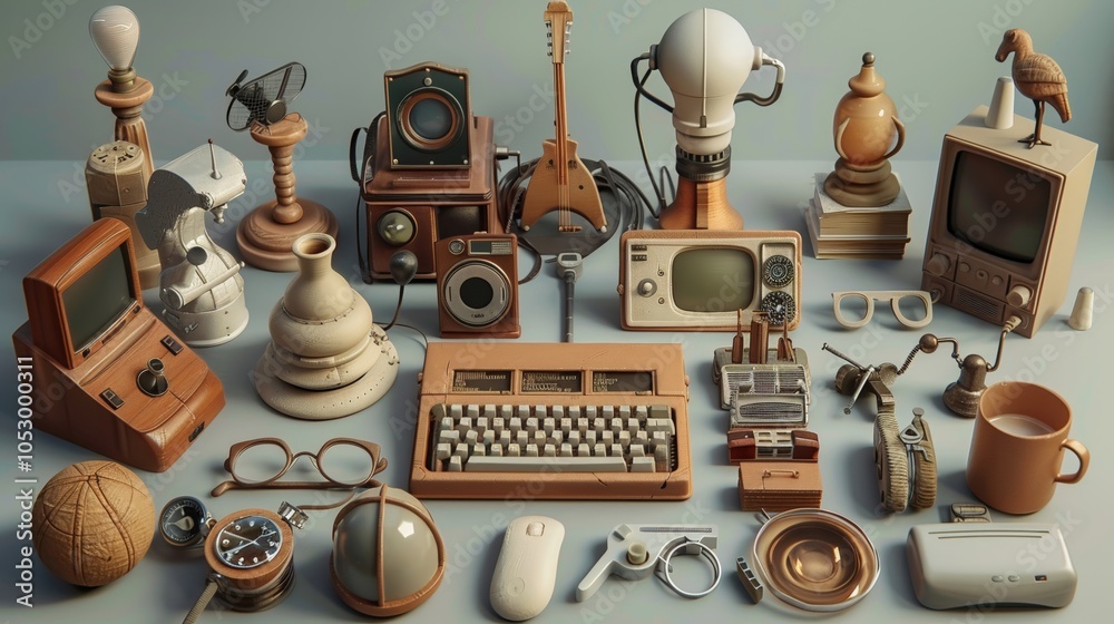 Create a series of 3D clay icons symbolizing groundbreaking inventions ...