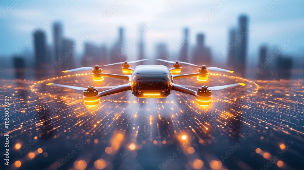 Large drone hubs launching autonomous drones, smart sensors, advanced ...