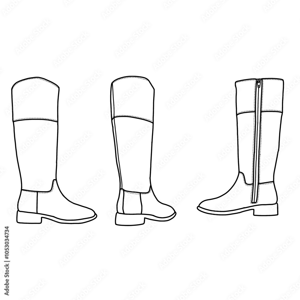 Women's knee-high boots heel riding boots round toe side zipper biker ...