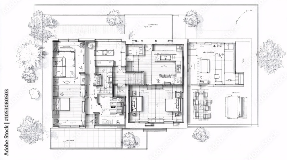Hand-Drawn Floor Plan of a Modern House with Outdoor Area Stock ...