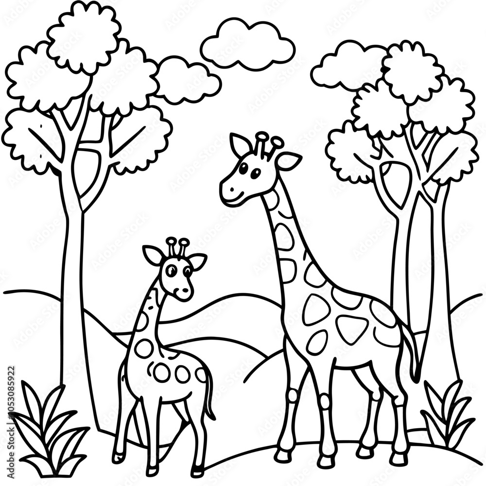 Giraffe kids in jungle coloring page vector art illustration coloring ...