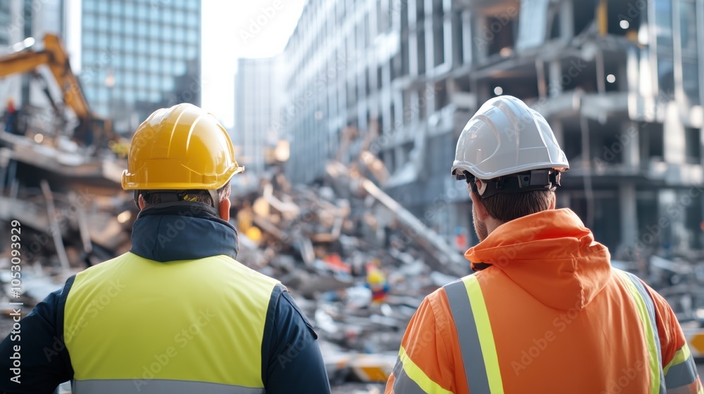 Two construction workers observe a demolition site, showcasing teamwork ...