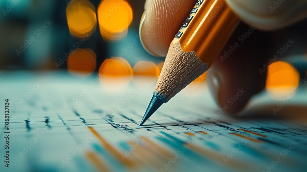 Detailed view of fingers gripping a pencil, drawing trend lines on a ...
