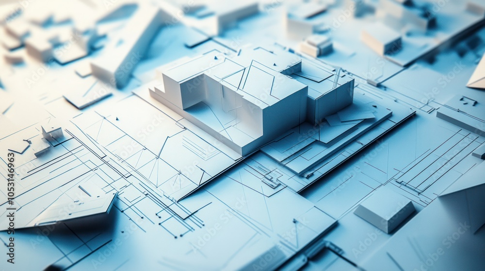 Blueprint-style 3D rendering with geometric forms and a technical look ...