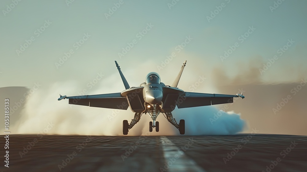 A slow-motion capture of a single combat aircraft taking off, with ...