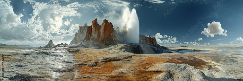 Panoramic photograph of an incredible hot spring with red and brown mud ...