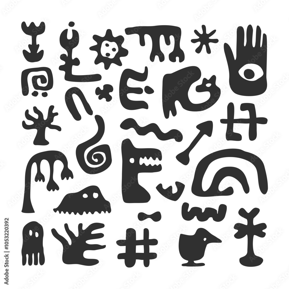 Black Art Creatures, Monster Shapes Set Doodle Figures for Community or ...