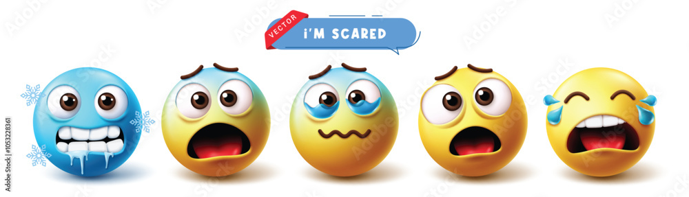 Emoji scared emoticon character vector set. Emojis yellow icon character collection with chill ...