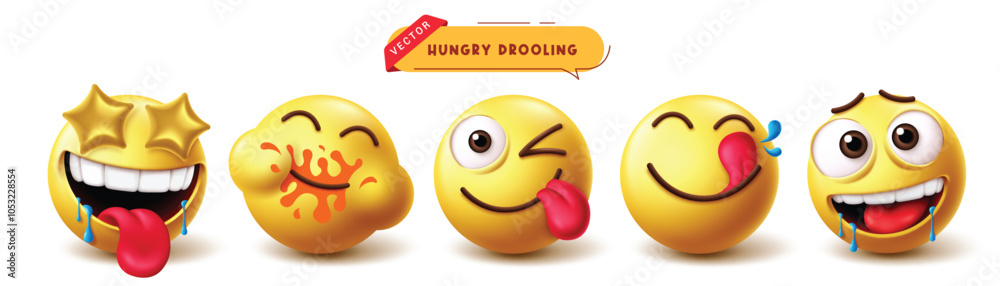 Emoji hungry characters vector set. Emojis drooling emoticon like ...