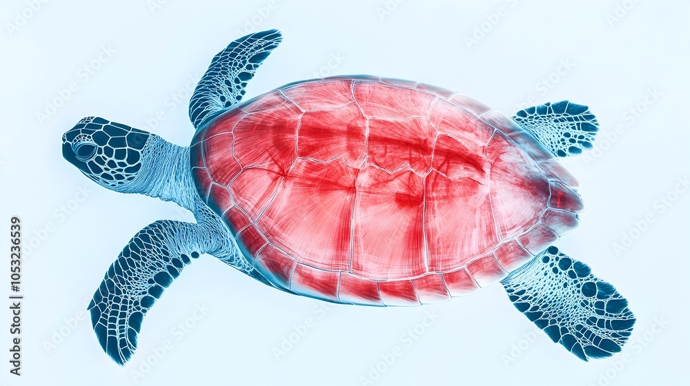 High contrast X ray image of a turtle s shell with a red overlay ...